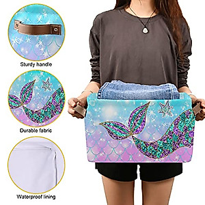 Rectangular Storage Basket Storage Bin - Mermaid Fish Scale Collapsible Storage Box with Leather Handles Shelf Basket Organizer for Home,Office,Nursery,Dorm,Shelf