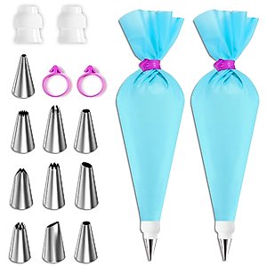 Riccle Reusable Piping Bag and Tips Set - Strong Silicone Icing Bag and Tips - Ideal Icing Piping Kit of 2 Reusable Pastry Bag,2 Coupler, 10 Icing and Frosting Tips with 2 Bag Ties