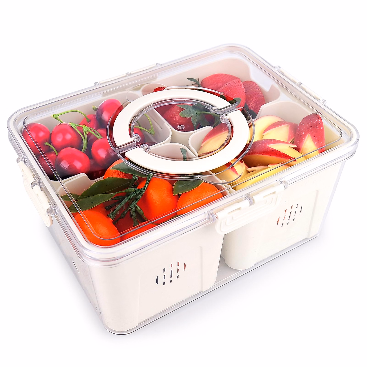 Airtight Fruit Storage Containers for Fridge: 4 Compartment Large Food Storage Container with Lids & Handle & Removable Drain Tray - Berry Fruit Vegetable Fresh Produce Saver for Travel Picnic