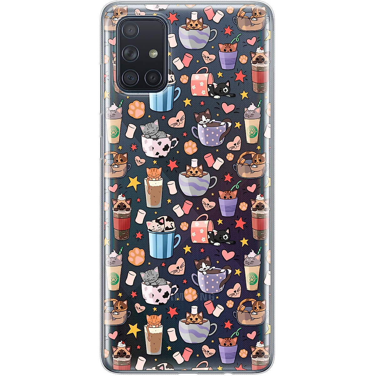 Generic Slim TPU Phone Case Compatible with Samsung Galaxy A72 A71 5G A70 A51 A32 A21 A11 A12 A01 Durable Kittens Cute Clear Soft Protective Shockproof Paws Kawaii Cover Cats Silicone Pet Coffee Cups