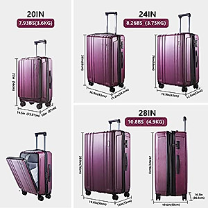TydeCkare Luggage Set 3 Piece 21/24/28, 21" carry on with Front Pocket & 24/28" with Expandable, ABS+PC Suitcase with 4 Silent Wheels, TSA, YKK, Rose Red