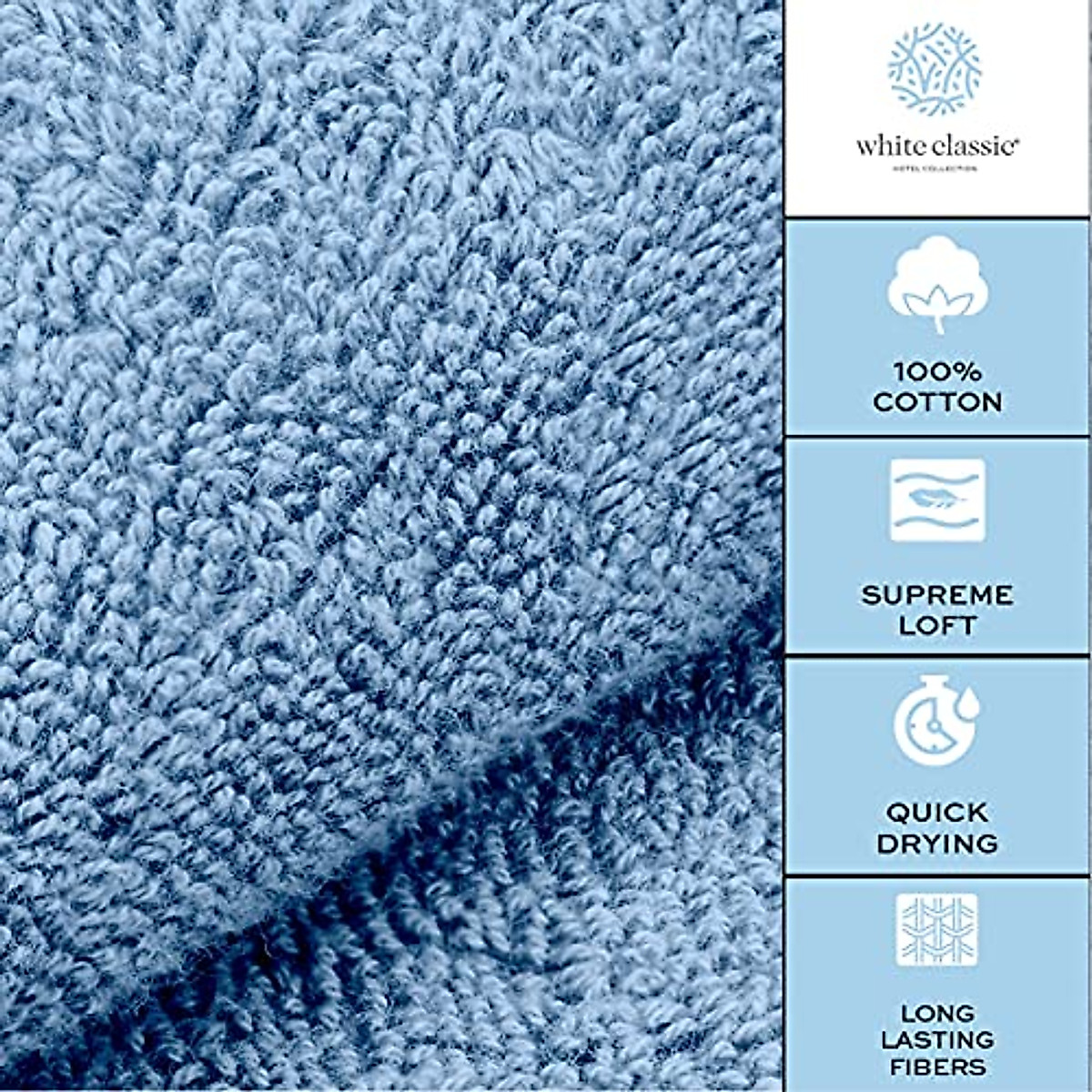 White Classic Luxury Hand Towels | 6 Pack Luxury Bath Mat | 12 Pack Luxury Bath Sheet | 2 Pack Bundle (Light Blue)