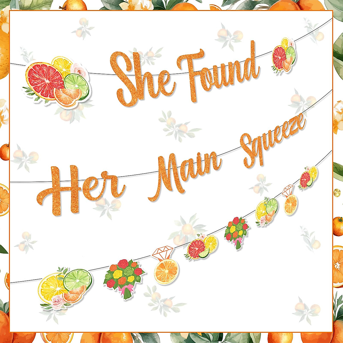 She Found Her Main Squeeze Banner Garland, Lemon Bridal Shower Party Decoration Glitter Citrus Theme Banner Garland for Citrus Lemonade Orange Summer Fruit Theme Bachelorette Wedding Engagement Party