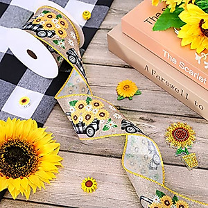 Whaline Sunflower Truck Wired Edge Ribbon Vintage Spring Summer Floral Fabric Ribbon Farmhouse Buffalo Plaids Decorative Craft Ribbon for Gift Wrapping Hair Bow Sewing Wreath Crafts, 10 Yards