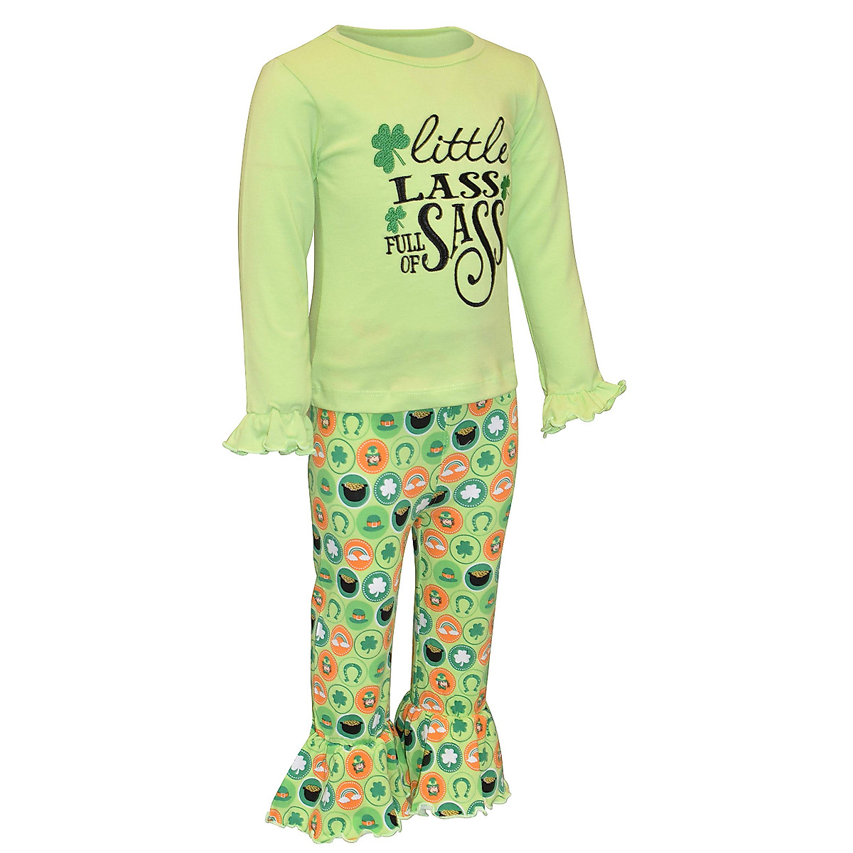 Unique Baby 2 Piece Girls Double Ruffle Leggings and Long Sleeve Shirt Clothes Set Kid and Toddler Girl St Paricks Day Outfit (7 Years, Little Lass)