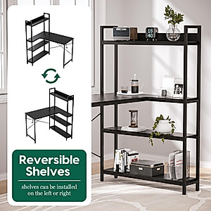 WASAGUN 40 Inch Small L Shaped Computer Desk with Storage Shelves, Home Office Corner Reversible Desk Study Writing Table with Hutch, Black