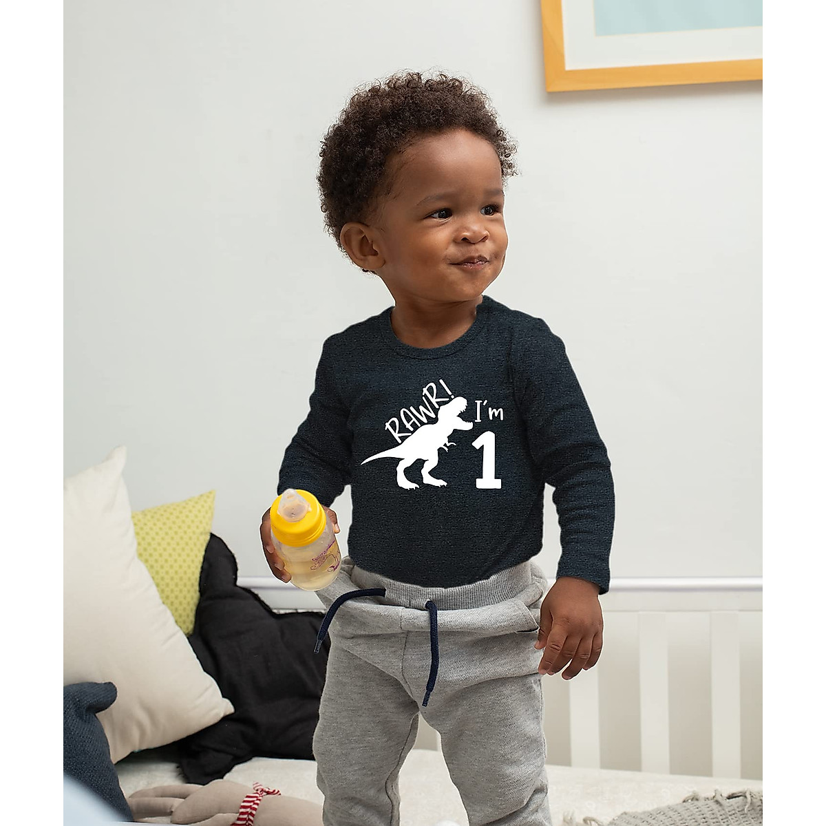 rawr im 1 Dinosaur First Birthday boy Outfit 1st Roar one Year Old Dino Shirt rex (Charcoal Black - Long Sleeve, 12 Months)