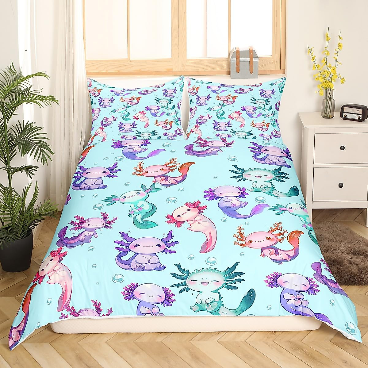Manfei Cartoon Axolotl Bedding Set Twin Size for Bedroom Decorative,Cute Purple Blue Wildlife Animal Duvet Cover,Green Polka Dots Sea Creature Bedding Quilt Cover with 1 Pillow Cases