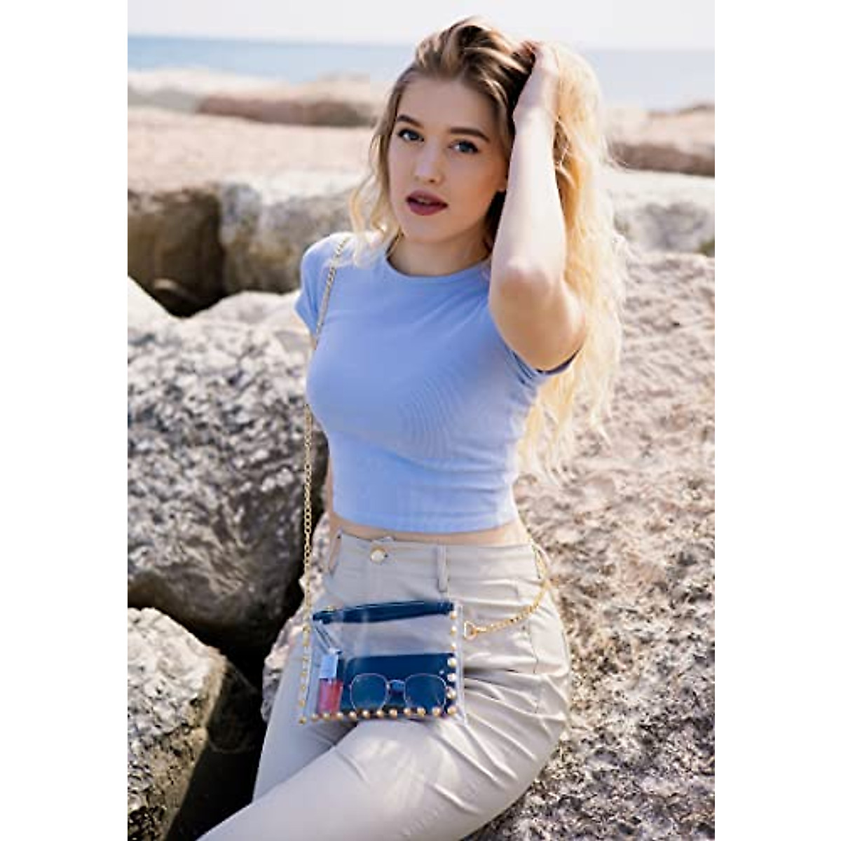 Y&R Direct Rivets Clear Bag Clear Purse Clutch Removable Chain Strap Concert Venues Stadium Approved PVC