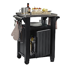 Keter Unity Portable Outdoor Table and Storage Cabinet with Hooks for Grill Accessories-Stainless Steel Top for Patio Kitchen Island or Bar Cart, Dark Grey
