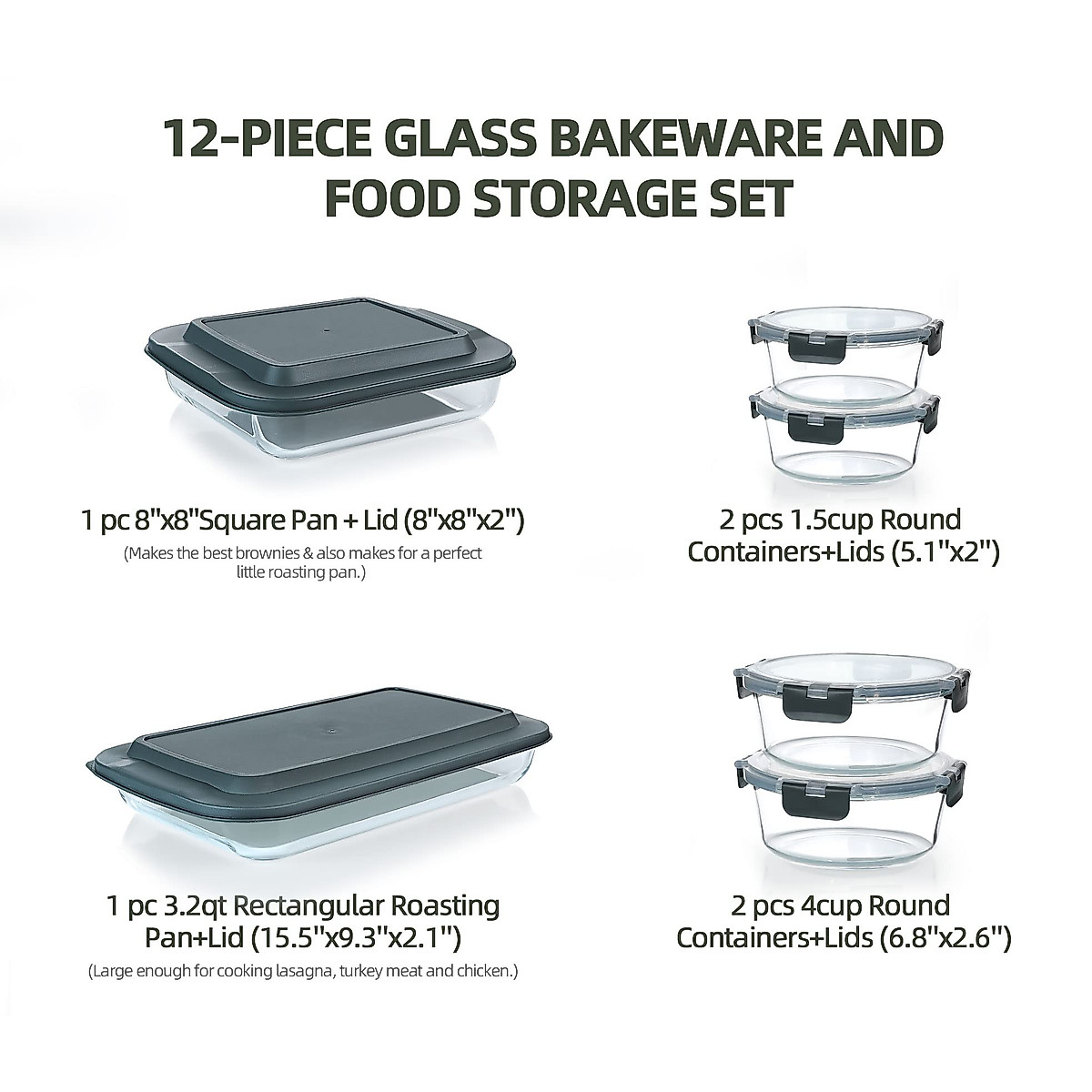 KOMUEE Rectangular Glass Baking Dish with Lids Set & Round Glass Food Storage Containers With Lids Set,Glass Bakeware Set with Lids for Lasagna, Leftovers, Cooking, Kitchen, Fridge-to-Oven,Gray