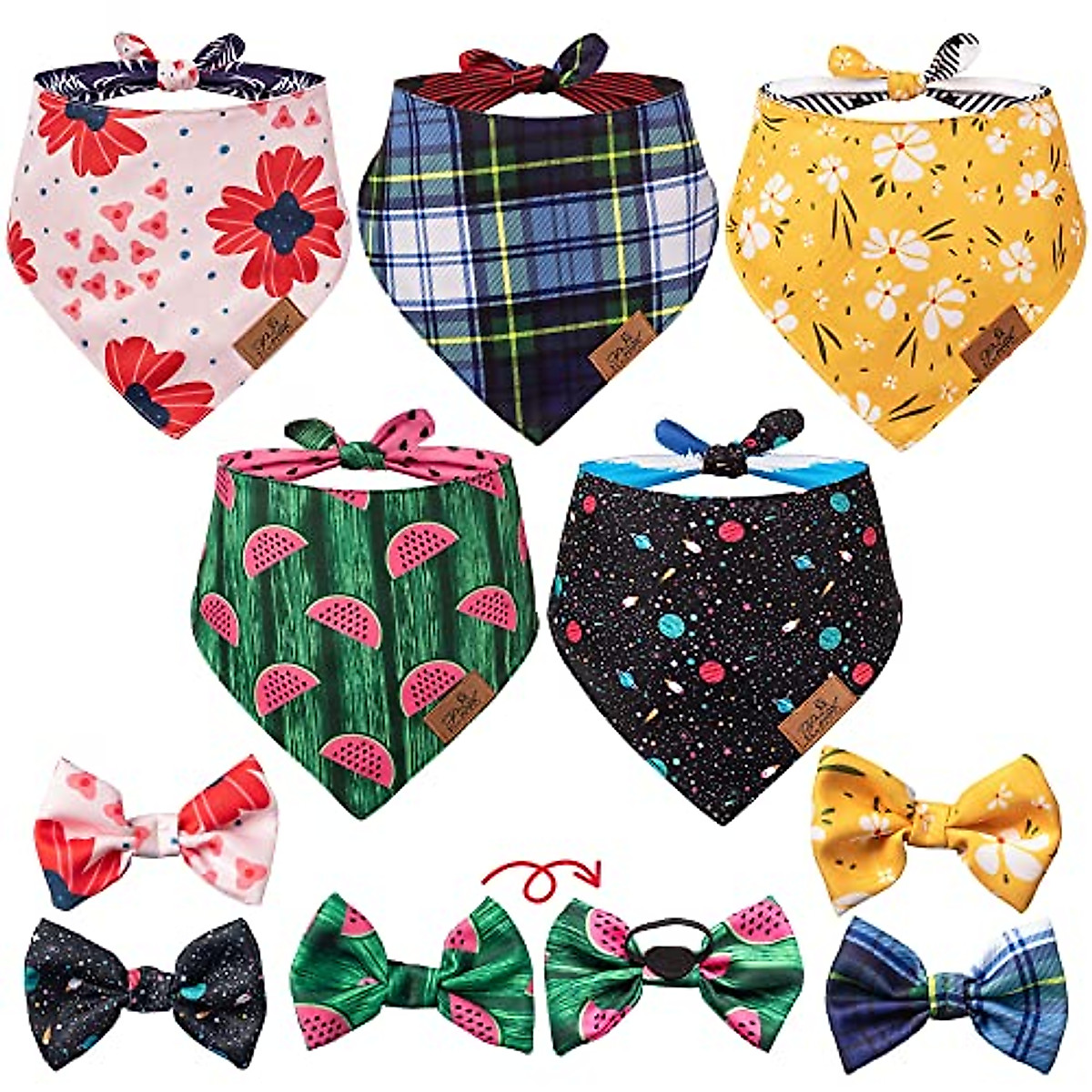 Pawsh Bandanas for Dogs – 10 Pack Handmade Reversible Pet Bandana for Dogs & Cats with Matching Bow or Bow Tie – Adjustable, Soft Dog Scarf Triangle Bibs for Small, Large & Extra Large Breeds