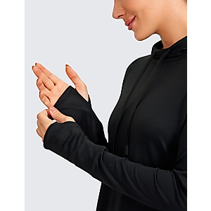 CRZ YOGA Workout Long Sleeve Shirt for Women Hoodie Pullover Athletic Hooded Long Sleeves Sports Gym Tops with Thumbhole Black Small