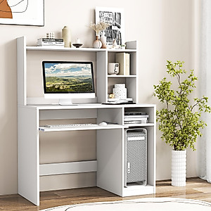 Tangkula White Desk with Hutch &Charging Station, Home Office Desk with Keyboard Tray & CPU Stand, Modern Laptop PC Desk, Space-Saving Writing Study Desk with Bookshelf, Ideal for Dorm Bedroom