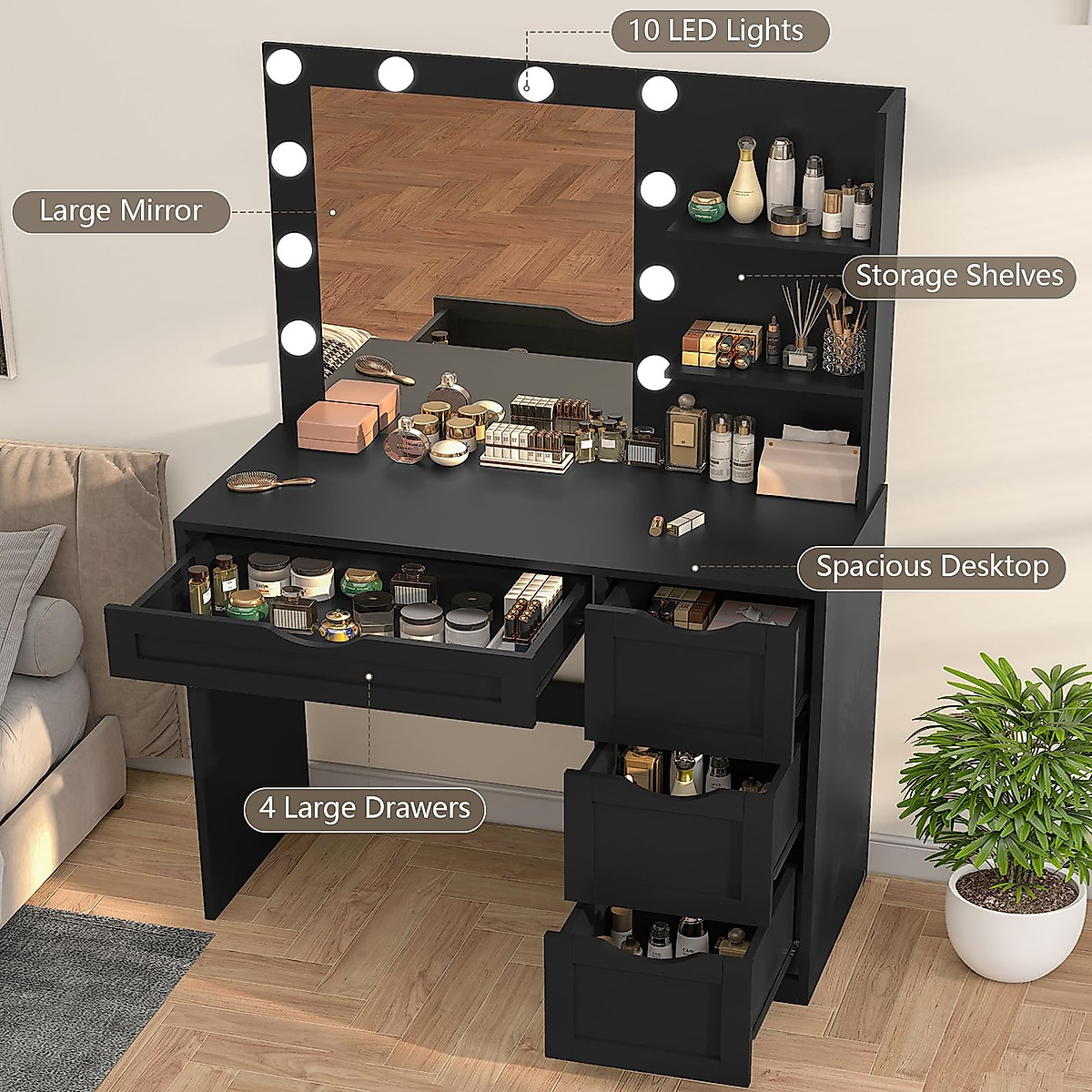 usikey Makeup Vanity Desk with Mirror and 10 LED Lights, Makeup Vanity Table with 4 Drawers, Vanity Desk Dressing Table with 2 Storage Shelves, 3 Color Modes Adjustable Brightness for Bedroom,Black