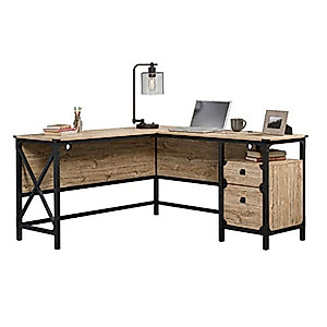 Sauder Steel River L-Shaped Desk, L: 59.84" x W: 57.32" x H: 29.53", Milled Mesquite Finish