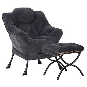 SESHINELL Lazy Chair with Ottoman, Modern Accent Chair Lounge Leisure Sofa Chair with Armrests, Reading Chair and Folding Footstool for Living Room, Bedroom, Office, Plush Navy