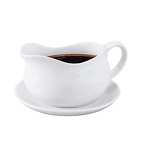 HIC Hotel Gravy Sauce Boat with Saucer Stand, Fine White Porcelain, 24-Ounces