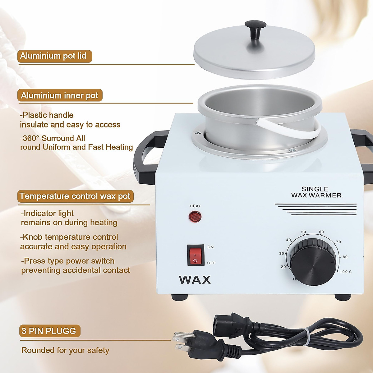Podoy Wax Warmer for Hair Removal, Professional Single Wax Warmer Pot Melter, Adjustable Temperature, Compact and Portable, SPA Salon Equipment, 14 Ounce