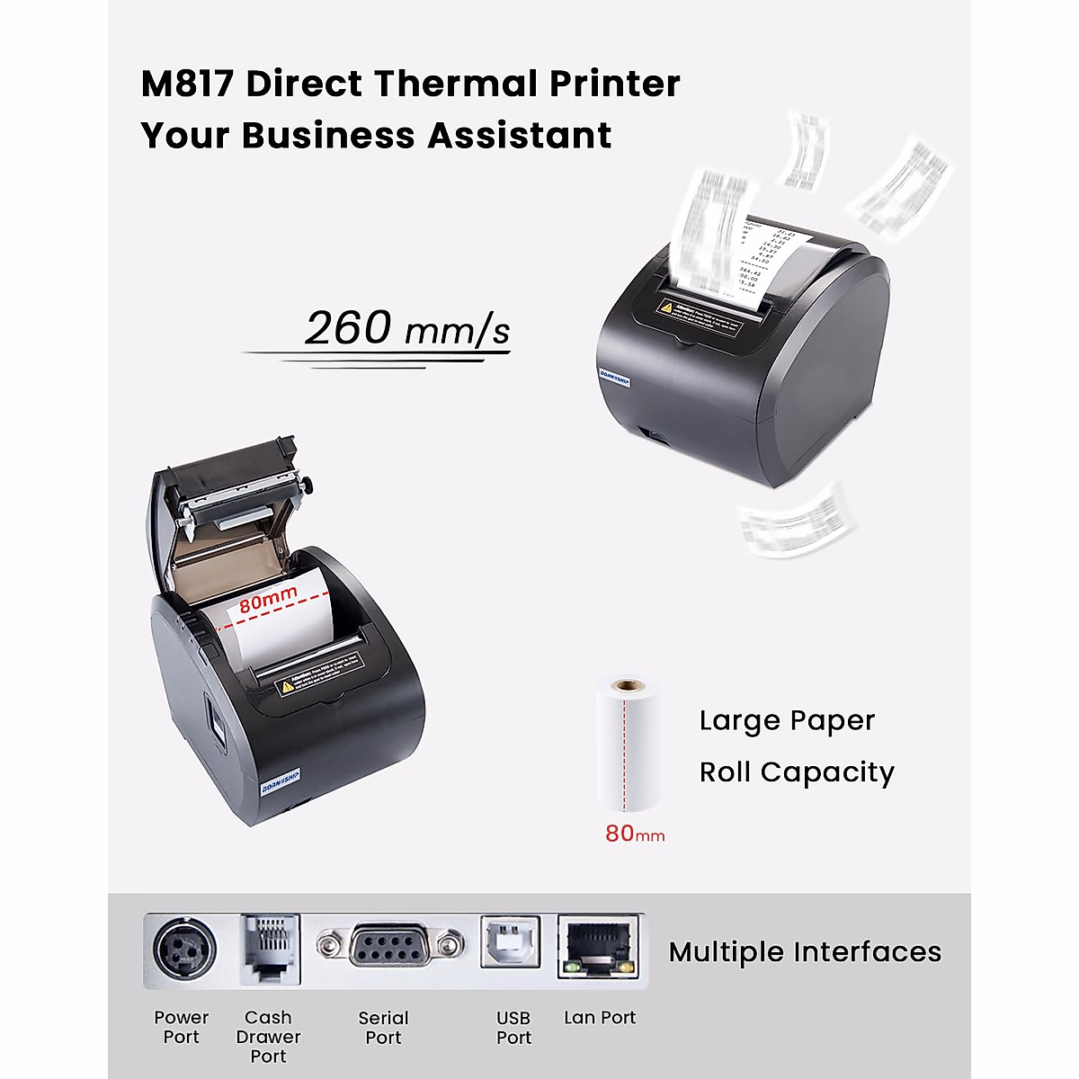 BORN4SHIP 80mm Receipt Printer - Thermal Receipt Printer Easy to Connect, Compatible with Windows/Mac/Linux, Supports USB Serial Ethernet Interface, 260mm/s Low Noise Printing, for ESC/POS (No Square)
