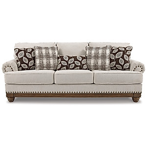 Signature Design by Ashley Harleson Modern Farmhouse Sofa with Nailhead Trim and 5 Accent Pillows, Beige