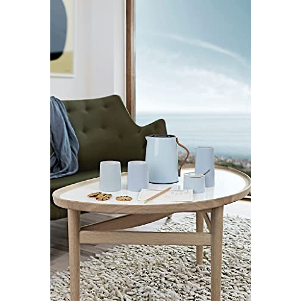 Stelton Emma Vacuum Tea Jug - Plastic Insulated Teapot with Lid & Stainless Steel Thermal Insert for Hot Beverage - Modern Design, Smart Built-in Infuser Filter, Beechwood Handle - 1 Litre (White)