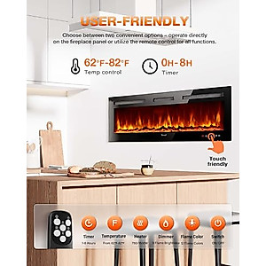 VISVEIL Electric Fireplace 60Inch,Realistic Flame Electric Fireplace Heater,Log Set/Crystal Flames 750-1500W with Timer Inserts/Wall Mounted/TV Stand Touch Screen & Remote for Living Room Easy Install