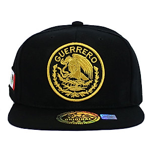 Mexican Hat Mexico State Federal Logo Embroidered Snapback Flat Bill Baseball Cap (Guerrero- Black/Gold), Large-X-Large