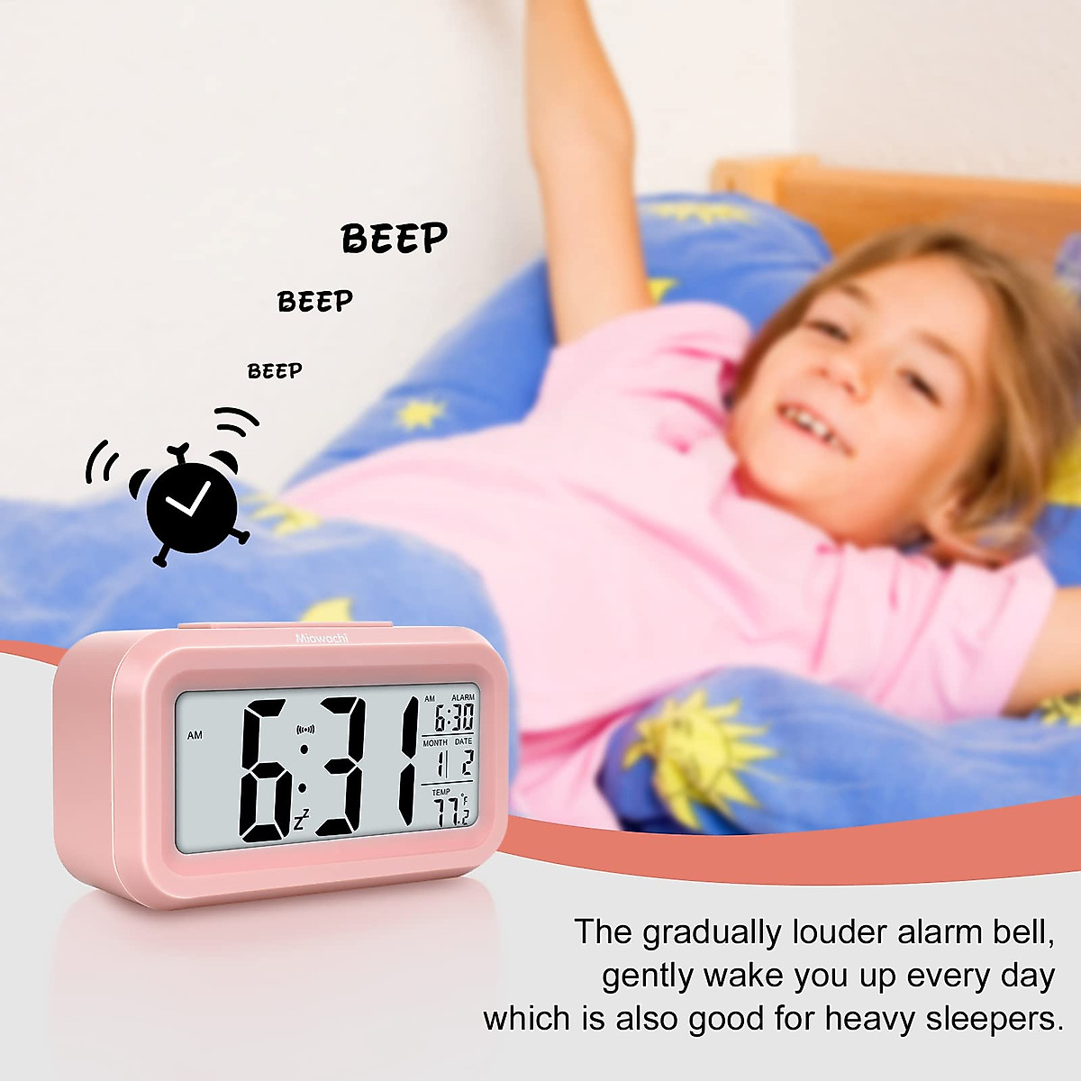 Miowachi Digital Alarm Clocks for Bedrooms Battery Operated,Snooze,Night Light Easy Setup Small Clock for Kids Pink