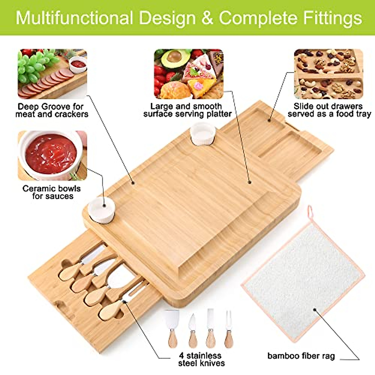 Weoowin Bamboo Charcuterie Boards and Knife Set - Large Cheese Board, Cheese Platter & Tray, Unique House Warming, Birthday, Christmas, Wedding, Registry, Bridal Gift