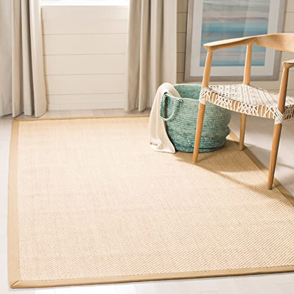 SAFAVIEH Natural Fiber Collection Area Rug - 9' x 12', Maize & Linen, Border Sisal Design, Easy Care, Ideal for High Traffic Areas in Living Room, Bedroom (NF141B)