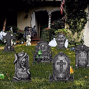 Halloween Decorations Outdoor Graveyard Tombstones: 6ct Large Tombstones Halloween Decor Yard Signs with Stakes, 16" Tall Realistic Scary Skeleton RIP Gravestones Yard Lawn Outside for Kids Home Party