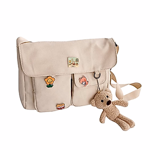 JQWSVE Canvas Messenger Bag Casual Shoulder Crossbody for Women Girls Kawaii with Accessories Cute Japanese Schoolbag 02-beige