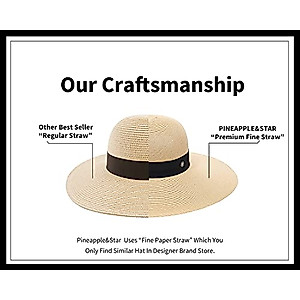 Pineapple&Star Jeune Wide Brim Sun Straw Beach Hat Fine Braid UPF50+ for Women (Small, Beige)