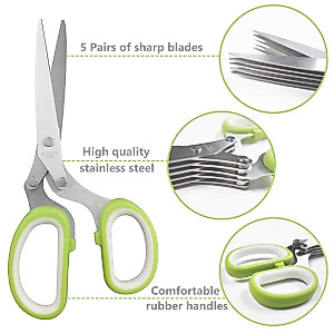 Herb Cutter Scissors 5 Blade Scissors Kitchen Multipurpose Cutting Shear with 5 Stainless Steel Blades & Safety Cover & Cleaning Comb Cilantro Scissors Sharp Shredding Shears Herb Scissors Set (Green)