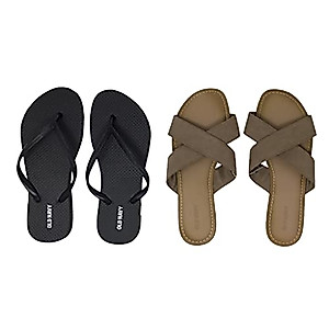 Old Navy (9 Faux-Suede Tan Cross-Strap Slide & Black Flip Flops