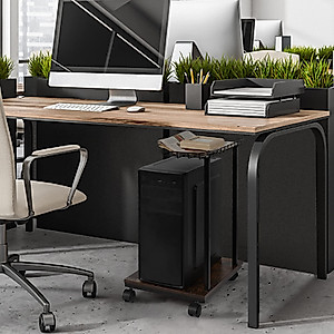 ABQ Computer Tower Stand, C-Shape Mobile CPU Holder with Storage Basket, 2 Tier CPU Stand Cart with Lockable Wheels, Fits Most Gaming PC Under Desk for Office Home