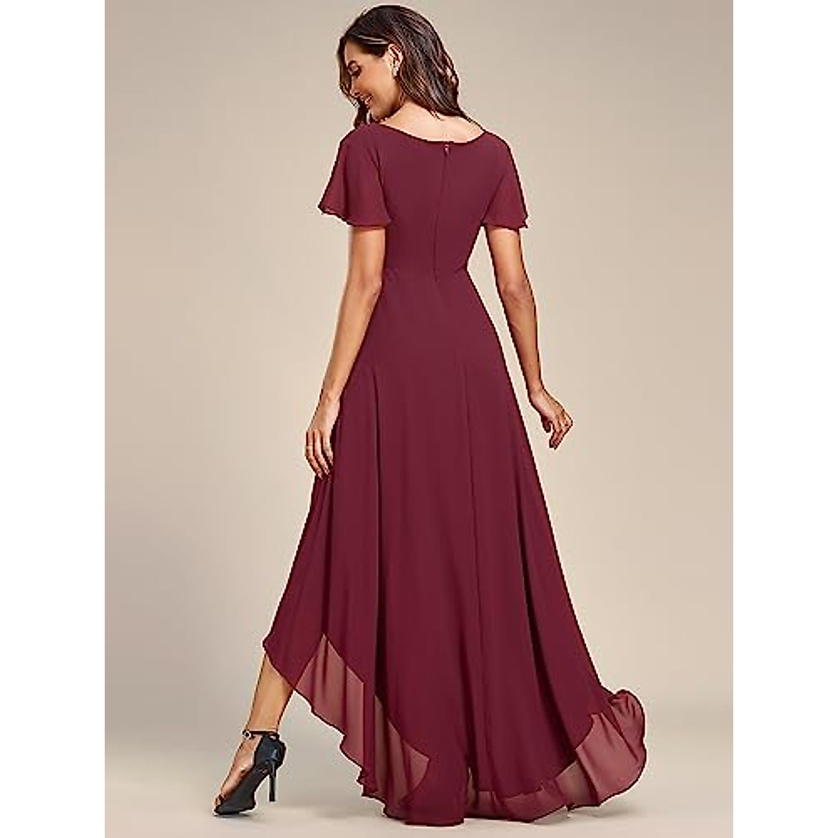 Ever-Pretty Women's Elegant V Neck Ruffle Sleeve Lotus Leaf High Low Summer Chiffon Evening Gown Burgundy US6