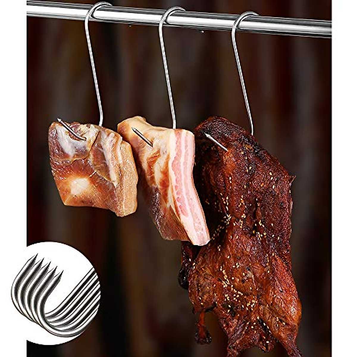 Meat Hooks 20Pcs,Premium Butcher's Hook,Stainless Steel Wall S-Shaped Hooks–for Hot and Cold Smoking,Stainless Steel Meat Hook, Chicken Hunting Smoking Ribs(13cm,Pack of 20) (20PACK Meat Hooks)