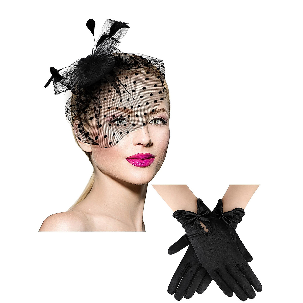 Geyoga 50s Fascinator Hat for Women Funeral Veil Hat Pillbox Cocktail Tea Party Headpiece and Lace Glove (Black,Elegant Style)