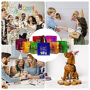 cabzymx 18 Pcs Multicolor Small Birthday Gift Bags Set with 9 Colors, Funny Gift Design Reusable Birthday Presents Bags Bulk with Bases, 8 x 3.9 x 8 In Party Goodie Bags for Baby, Girls, Boys