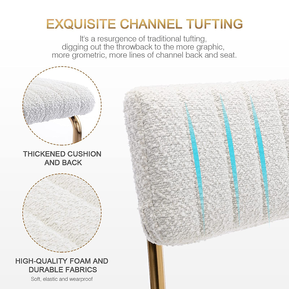 Zesthouse Mid Century Boucle Dining Chairs Set of 2, White Retro Kitchen Chairs with Gold Legs, Upholstered Armless Accent Chairs Side Chairs for Living Room