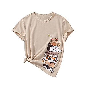 SOLY HUX Girl's T Shirts Short Sleeve Cute Graphic Tees Crewneck Cartoon Cat Print Summer Tops Apricot Graphic 9Y