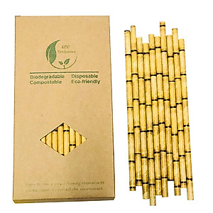 Yellow Bamboo Drinking Straws - 100 Pack, 100% Biodegradable Disposable Bamboo Design Paper Straws for Cocktail, Juice, Coffee, Soda, Smoothies