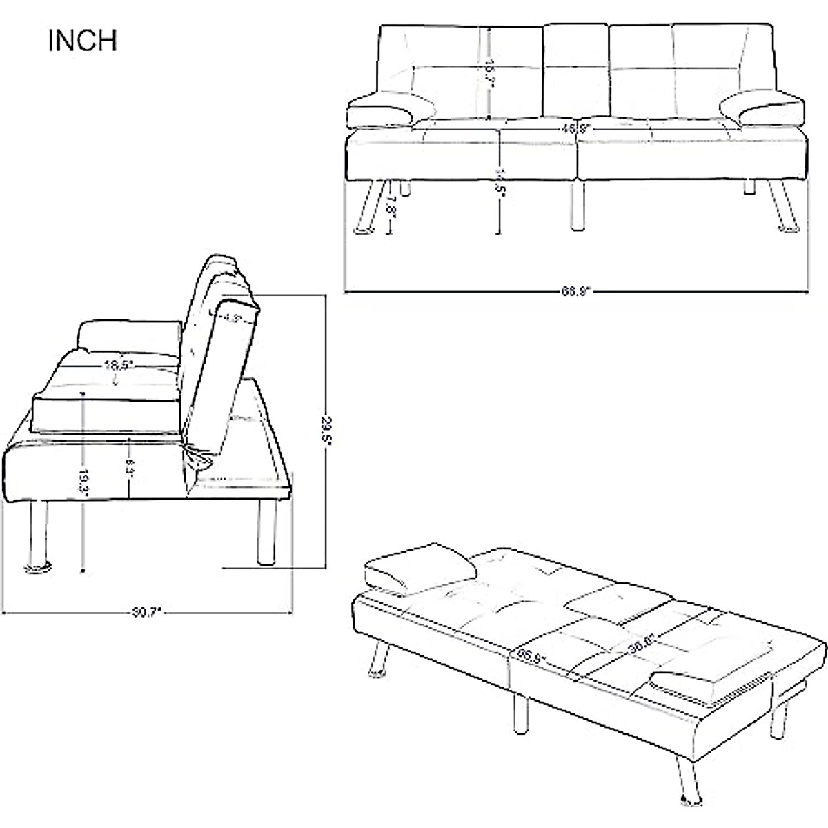 ERYE Modern Multifunctional 2 Seaters Love Seat, Cozy Futon Sofa Loveseat Convertible Sleeper Couch Bed for Small Space Apartment Office Living Room Furniture Sets