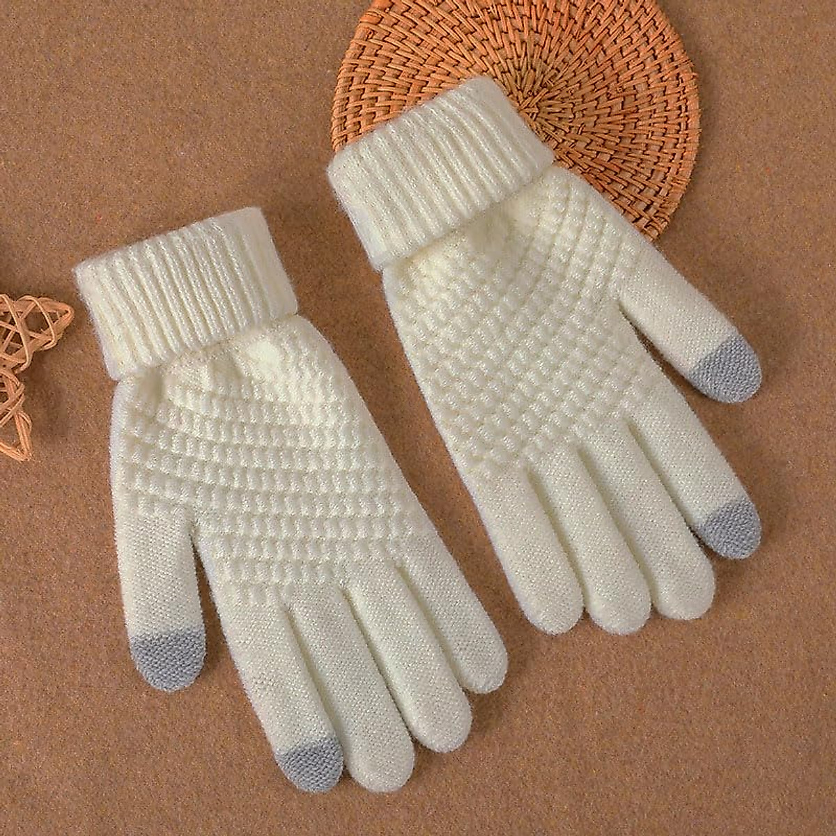 Eseres Beige Gloves for Women Warm Gloves Unisex Knitted Warm Gloves for Women Touch Screen Fleece Lined Stretchy Mittens Women - Beige