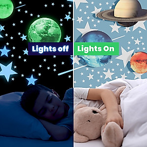 Glow in The Dark Stars and Planets, Bright Solar System Wall Stickers -Glowing Ceiling Decals for Kids Bedroom Any Room,Shining Space Decoration, Birthday Christmas Gift for Boys and Girls (Blue)