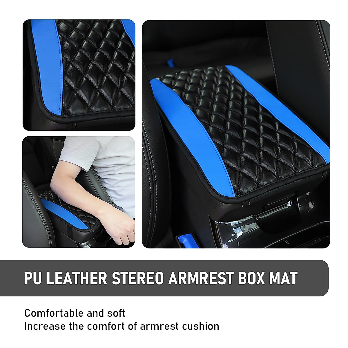 NGHEY 1 PC Car Armrest Box, PU Leather Embroidery Anti-Slip Central Handbayic Case Cover, 12.5In x 7.4In Four Seasons Universal, Suitable for Most Cars (Blue)