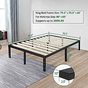 King Bed Frame 16 Inch, NOAH MEGATRON Heavy Duty Bed Frame with Wooden Slats, 16 Inch Mattress Foundation/ No Box Spring Needed (King)