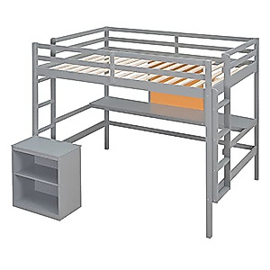 Lifeand Full Size Loft Bed with Desk and Writing Board, Wooden Loft Bed with Desk & 2 Drawers Cabinet,Gray